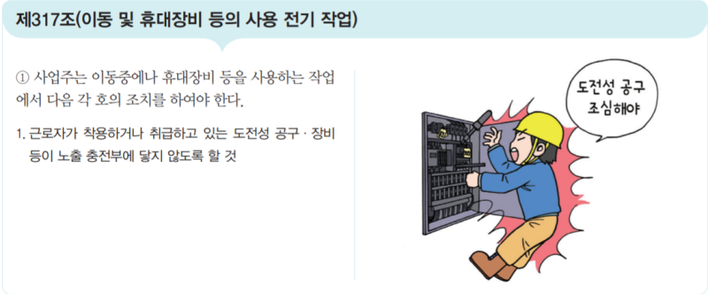 제2절 배선 및 이동전선으로 인한 위험 방지 제313조배선 등의 절연피복 등 ~ 제317조이동 및 휴대장비 등의 사용 전기